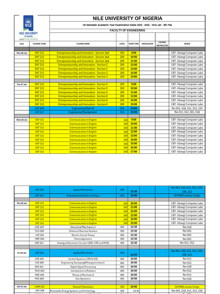 FENG UG FINAL EXAM Timetable V1 | PDF | Electrical Engineering ...