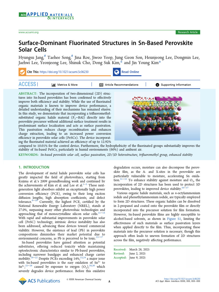 Surface-Dominant Fluorinated Structures in Sn-Based Perovskite Solar ...
