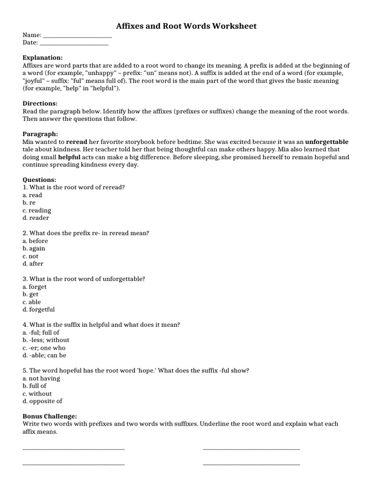 Affixes and Root Words Worksheet | PDF