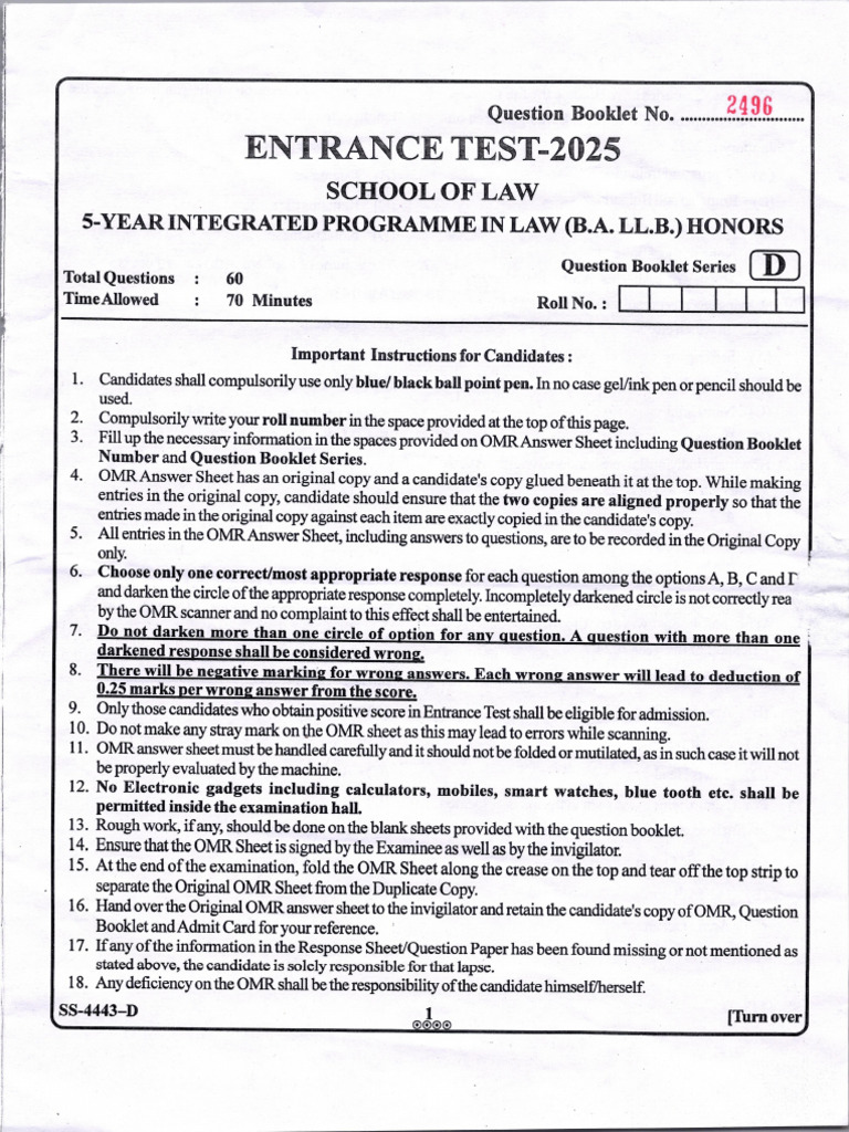 BA LLB Entrance Paper 2025 - 0001 - 0001 | PDF