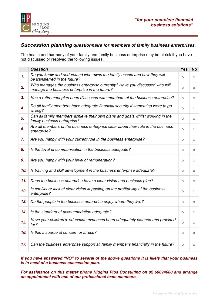 Family Business Succession Questionnaire | PDF