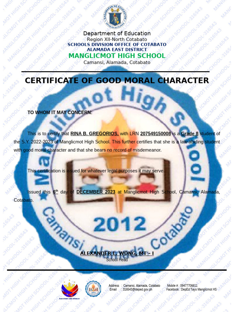 Certification of Good Moral | PDF