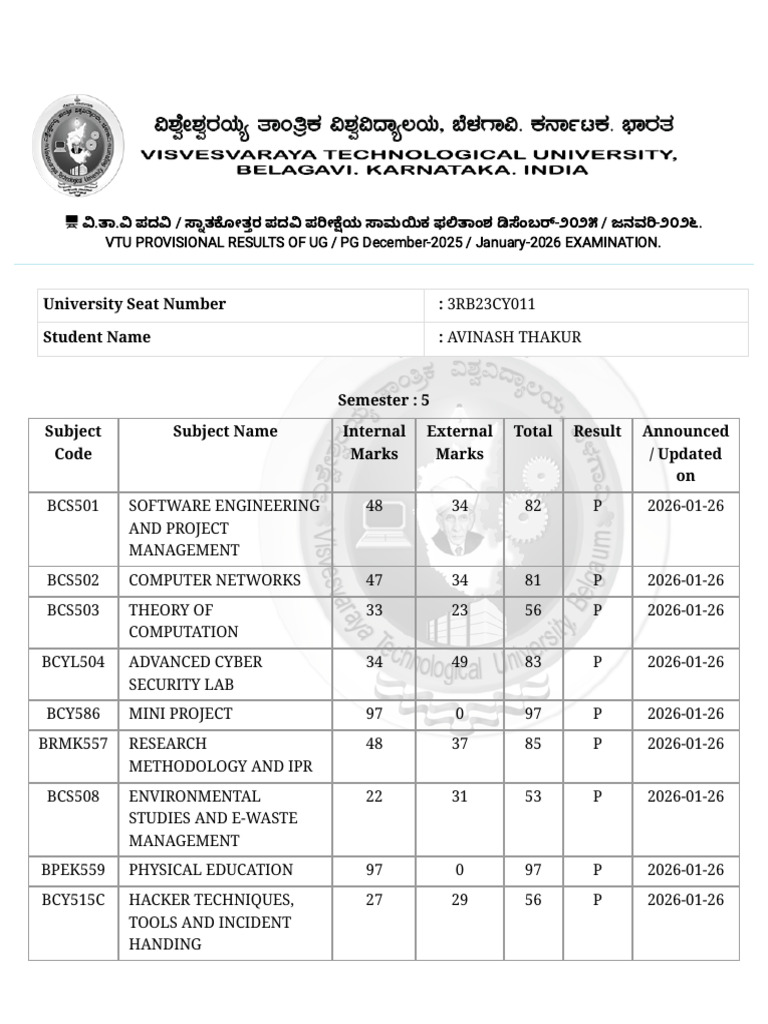 VTU Result 2026 - Visvesvaraya Technological University | PDF ...