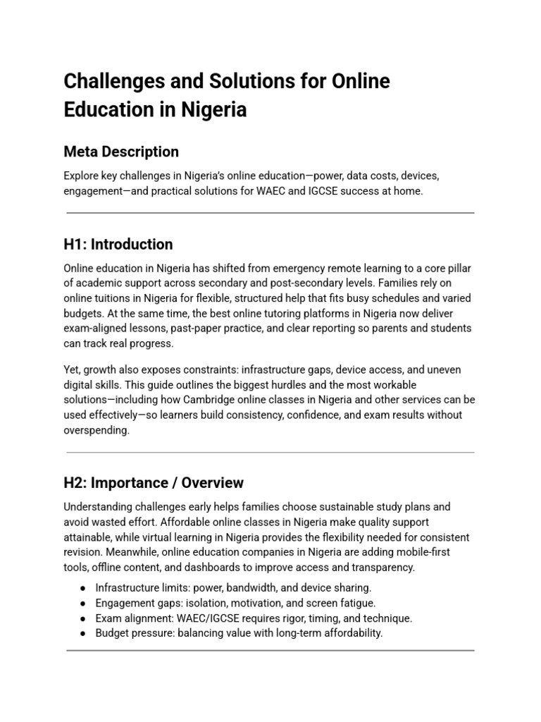 Challenges and Solutions For Online Education in Nigeria | PDF ...