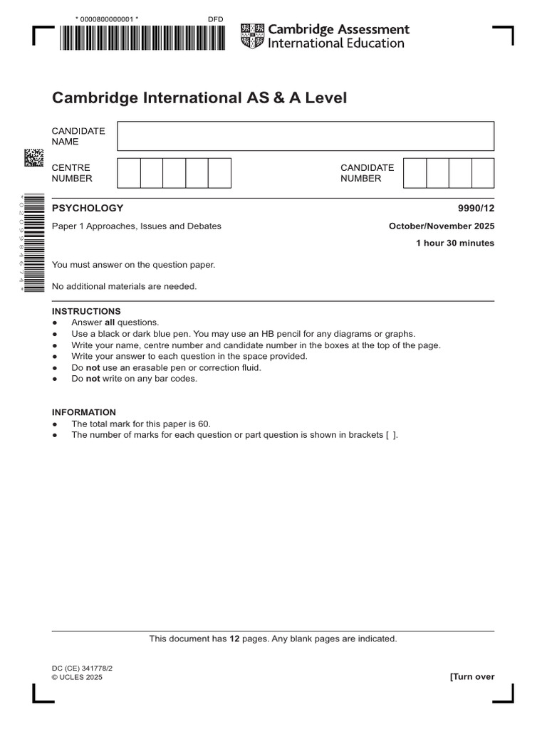 Cambridge International AS & A Level: Psychology 9990/12 | PDF ...