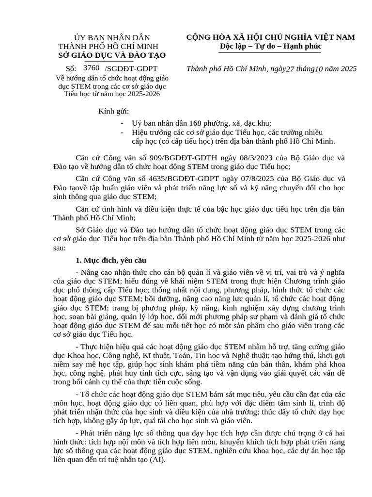 3760 - Huong Dan STEM Tieu Hoc Tu Nam Hoc 2025-2026 | PDF