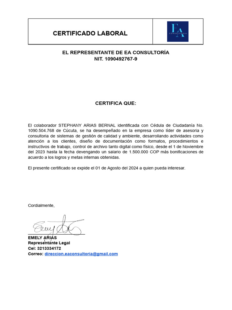 Certificado Laboral Stephany Arias | PDF