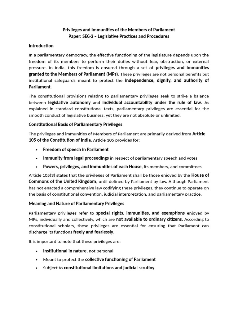 Privileges and Immunities of The Members of Parliament | PDF ...