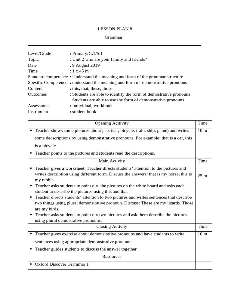 Grammar Lesson Plan Od1 Unit 3 | PDF | Pronoun | Teachers