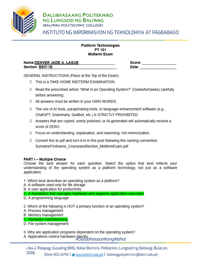 LagueDenverJade Bsit-1E MidtermExam. | PDF | Operating System | Process ...
