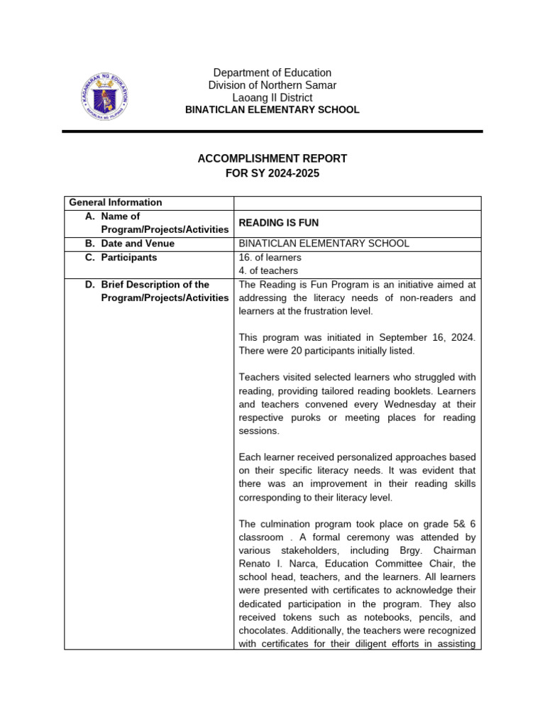 Remedial Reading Accomplishment Report Sample | PDF | Literacy ...