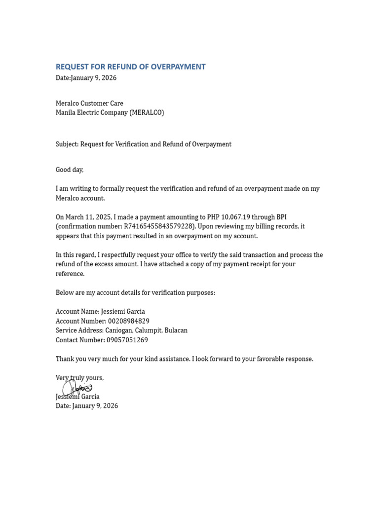 Meralco Refund Request Letter | PDF