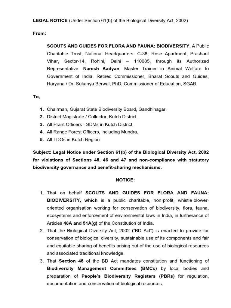 Legal Notice Upon District Administration of Kutch District in Gujarat ...