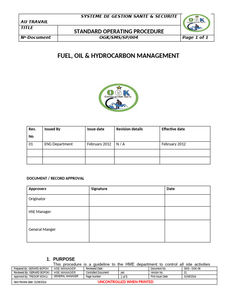 Ogk-sop-004-Fuel, Oil & Hydrocarbon Management | PDF | Safety ...