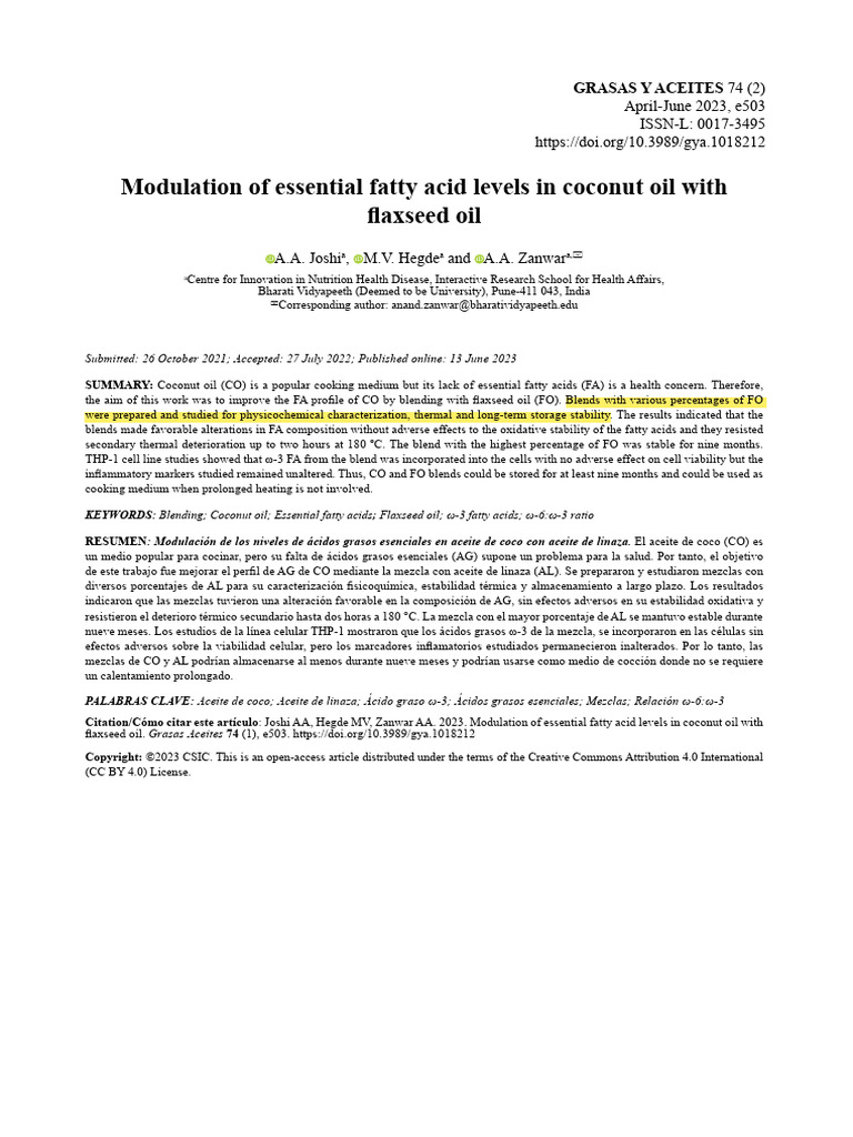 Modulation of Essential Fatty Acid Levels in Coconut Oil With Flaxseed ...