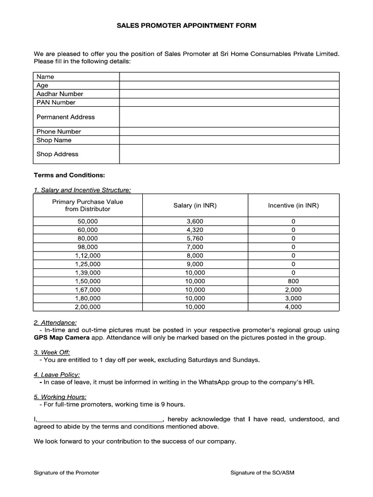 Sales Promoter Appointment Form | PDF