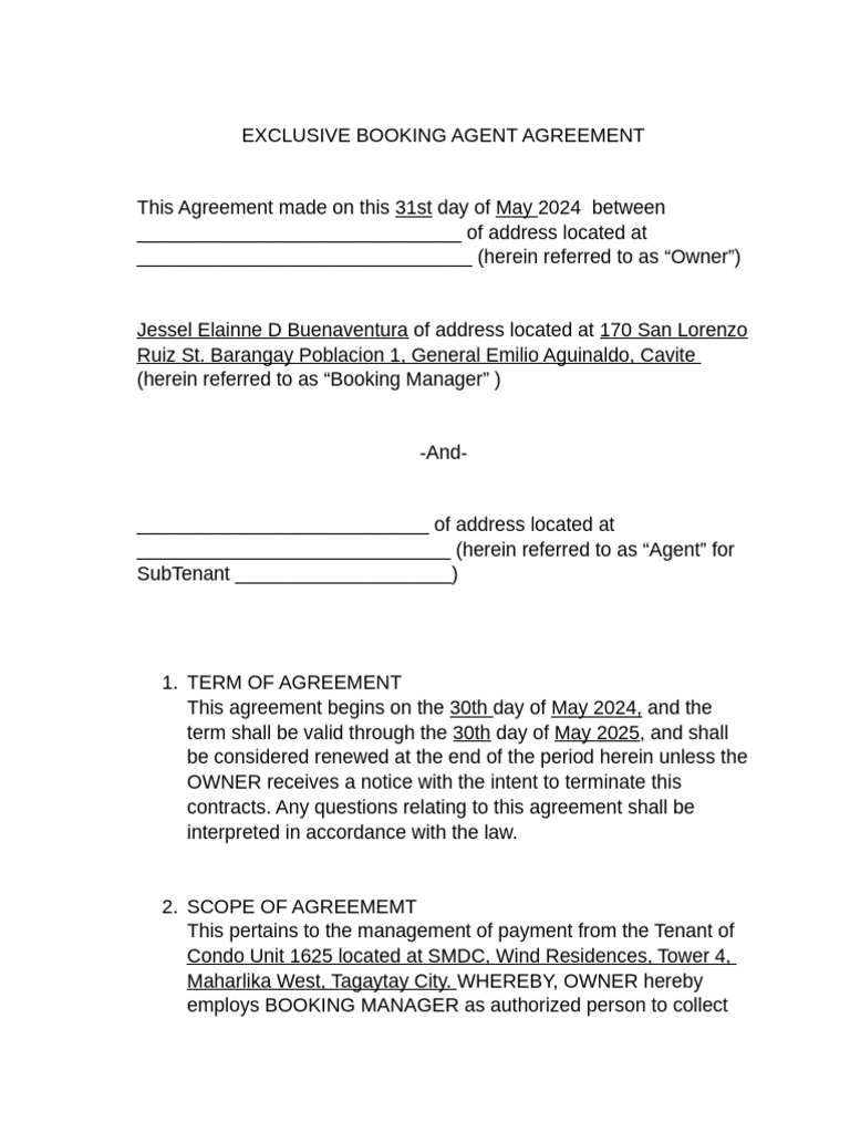 Exclusive Booking Agent Agreement | PDF | Business Law | Common Law
