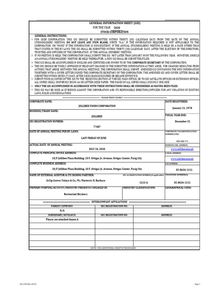 Jollibee Foods Corporation General Information Sheet 2020 13august20 ...
