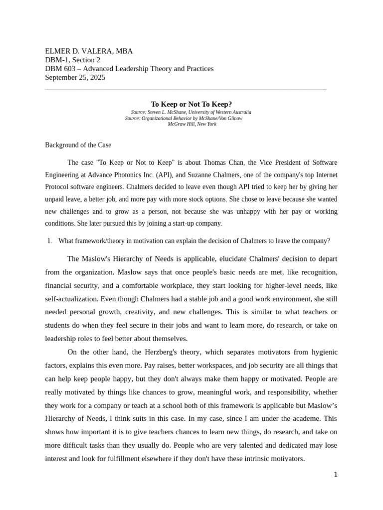 Case3 To Keep or Not To Keep | PDF | Transformational Leadership ...