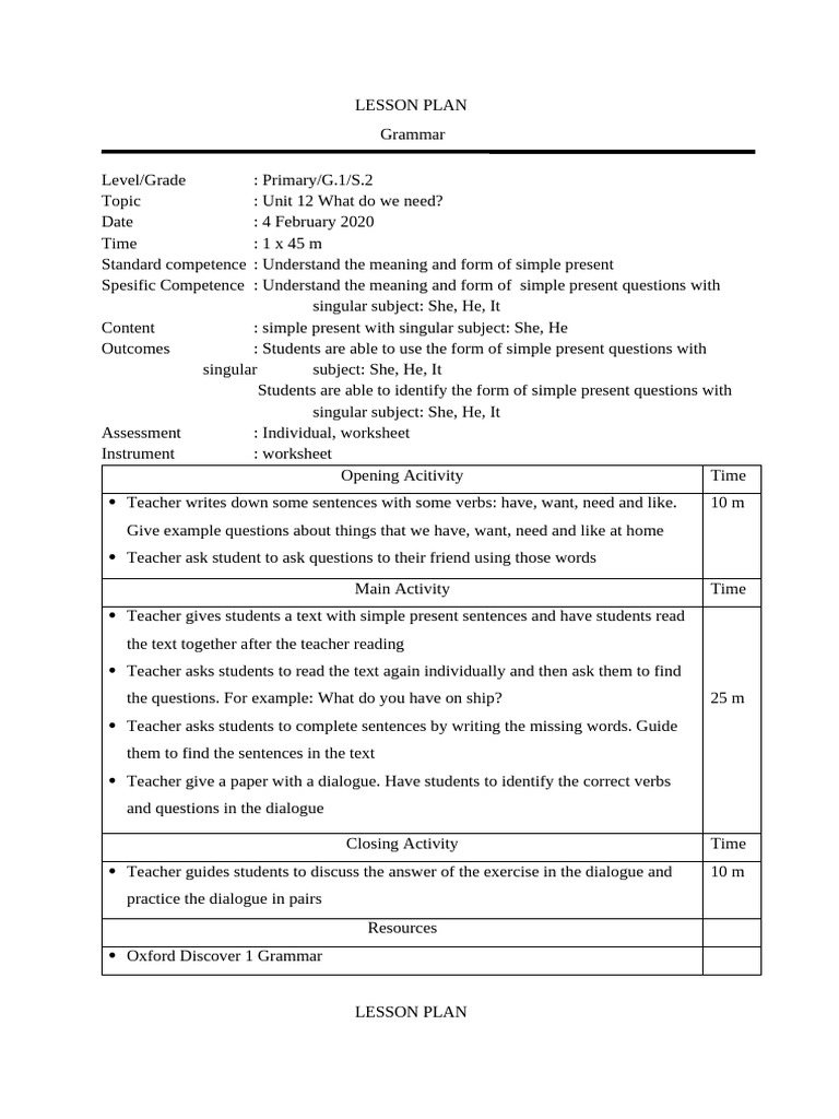 Unit 12 Od1 Lesson Plan Grammar | PDF | Subject (Grammar) | Teachers