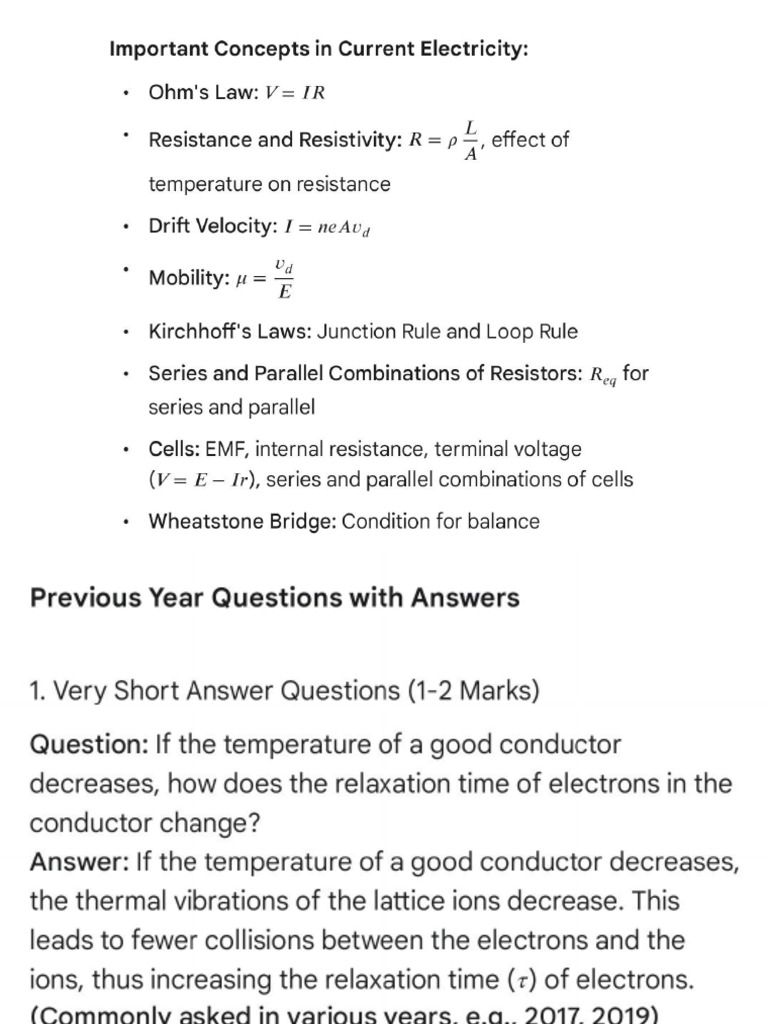 12th Physics Current Electricity Previous Year Theory Questions With ...