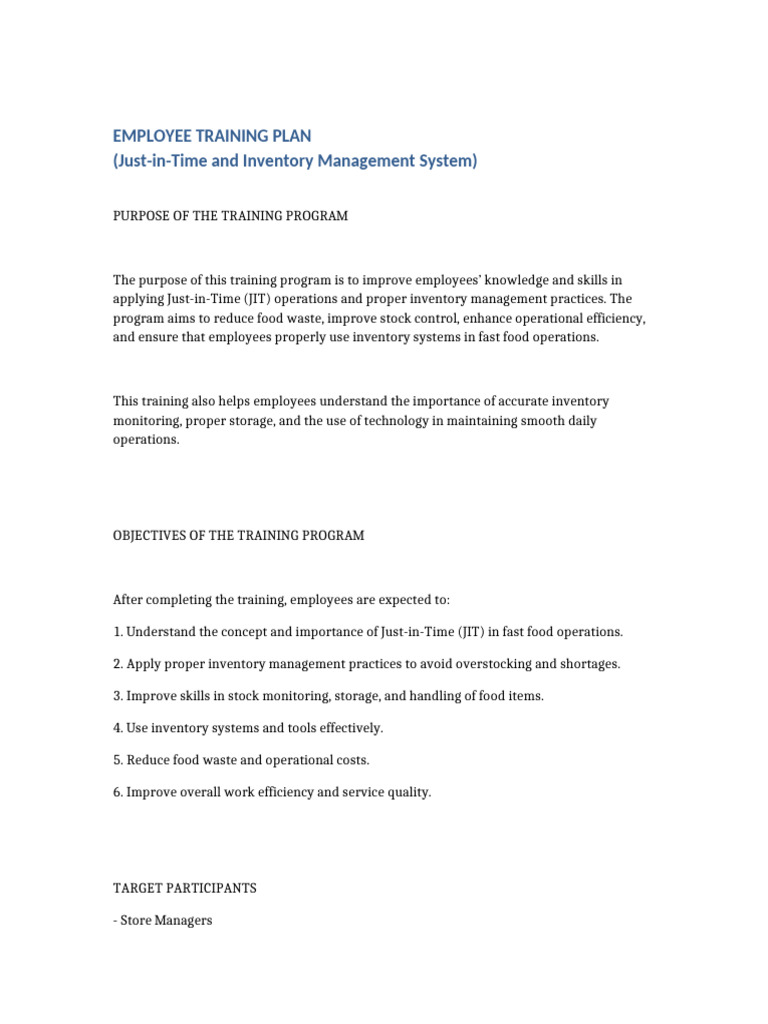 Employee Training Plan JIT Inventory | PDF | Inventory | Lean Manufacturing