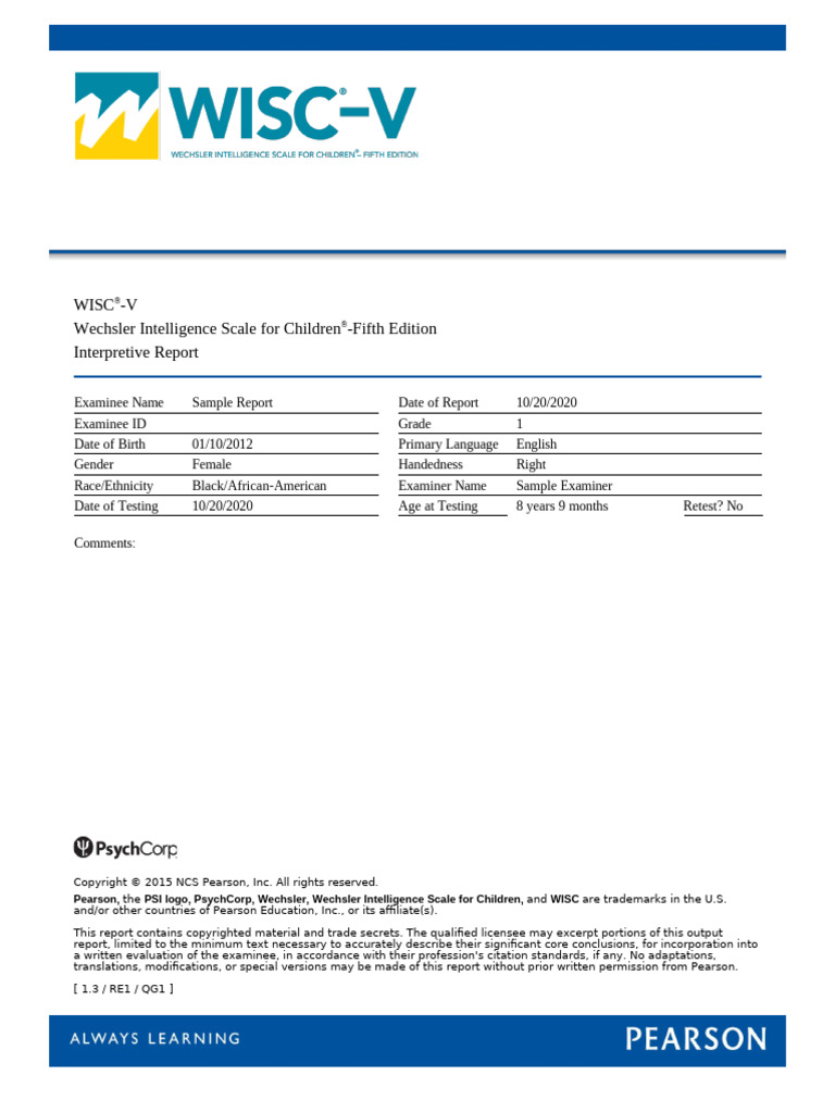 Wisc V Interpretive Report 2 | PDF | Wechsler Adult Intelligence Scale ...