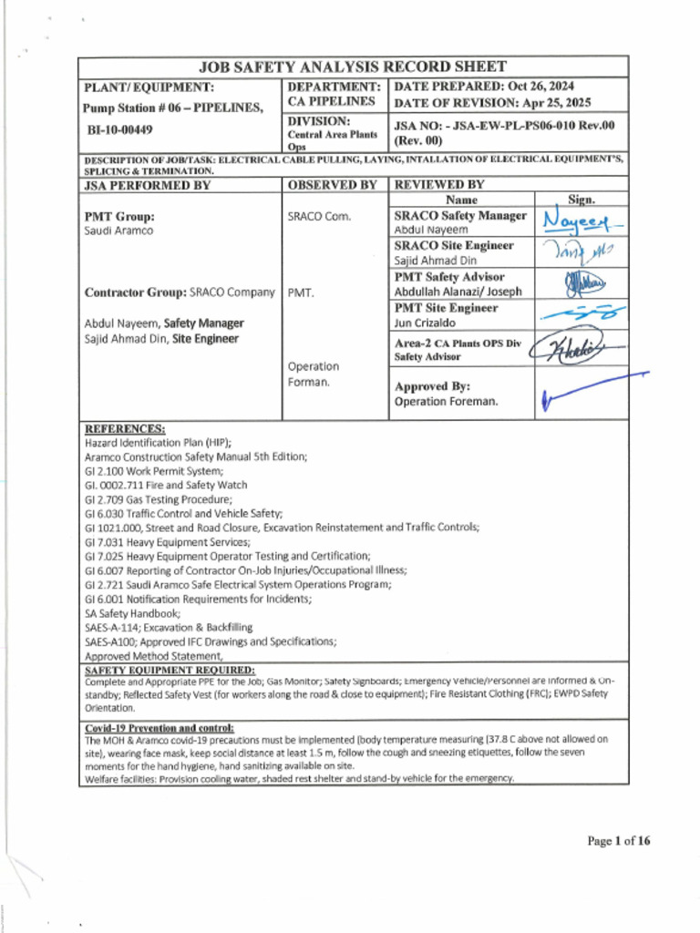 JSA For Electrical Cable Pulling Laying Installation of Electrical ...