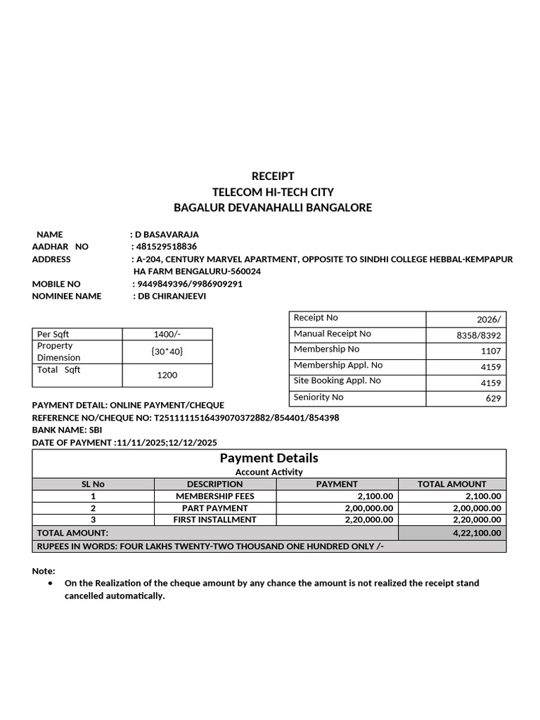 D Basavaraja First Installment Receipt | PDF