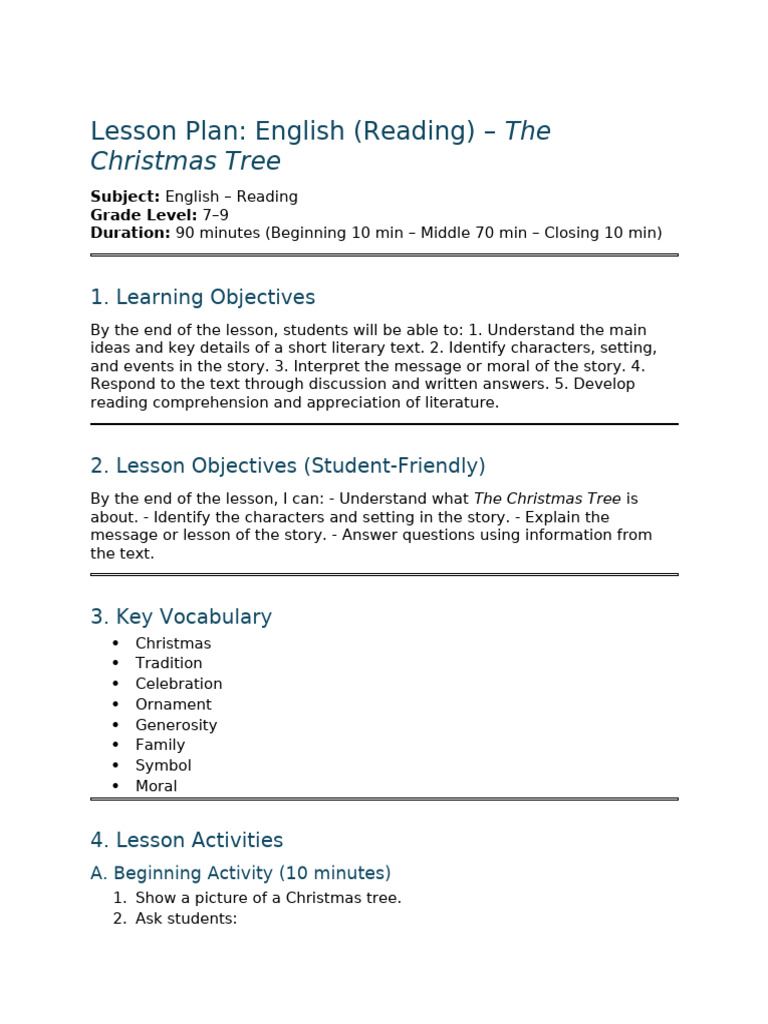 Reading Lesson Plan - The Christmas Tree | PDF | Reading Comprehension ...
