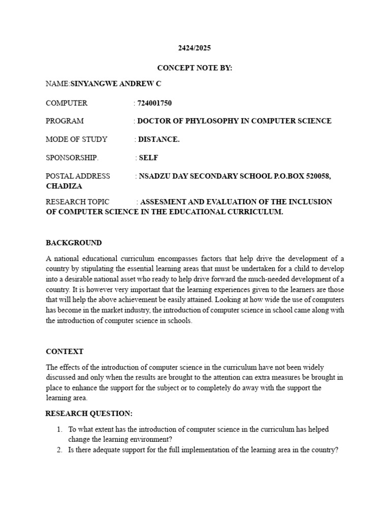 Sinyangwe Andrew C 724001750 CONCEPT NOTE | PDF | Science | Learning