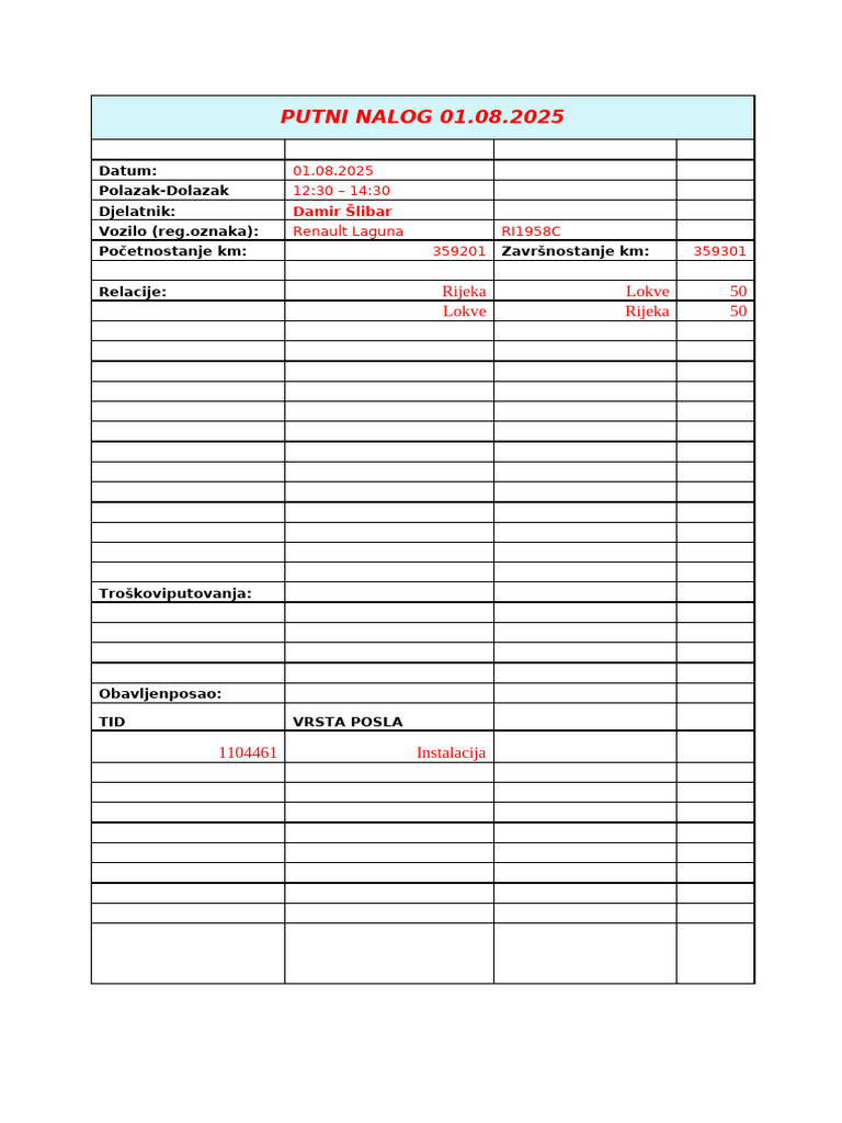 Putni Nalog 01.08 | PDF