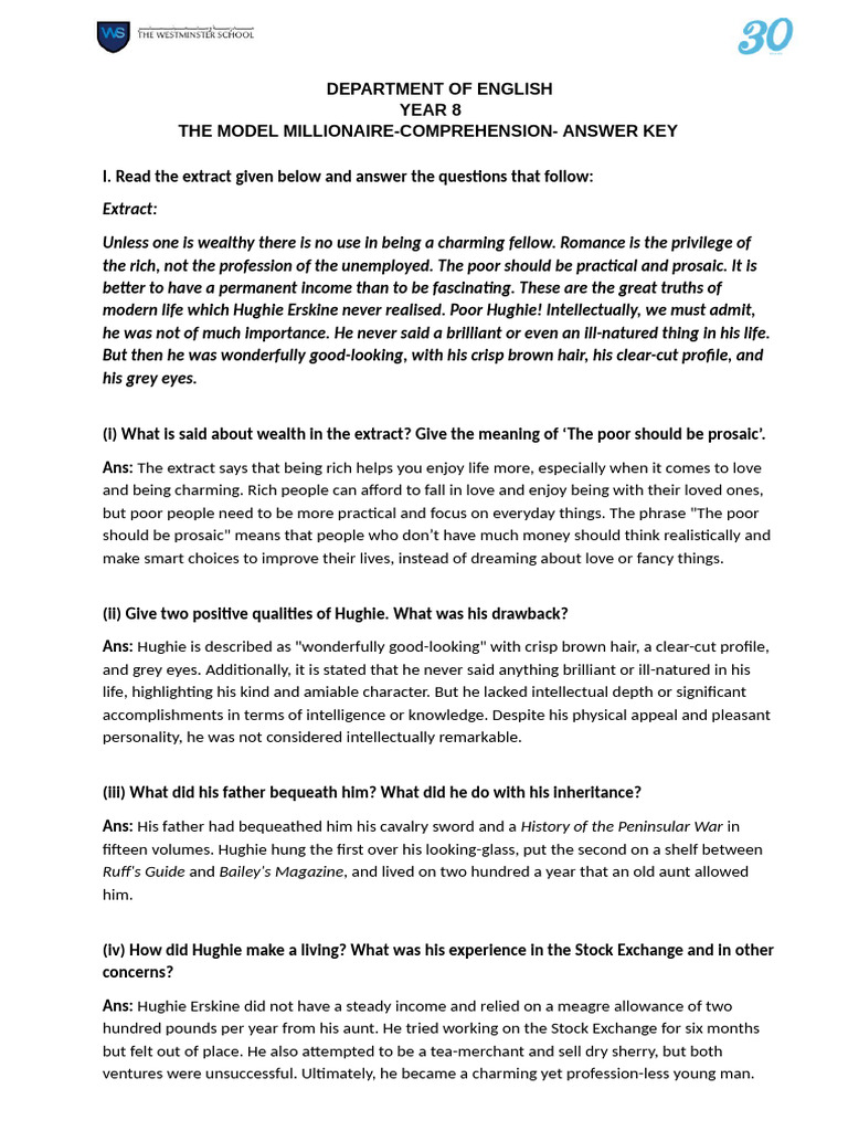 The Model Millionaire - Comprehension - Answer Scheme-Year 8 | PDF
