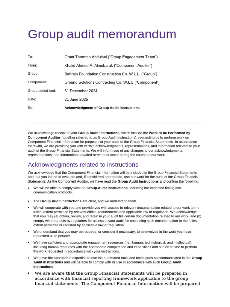 Acknowledgment of Group Audit Instructions | PDF | Audit | Accountant