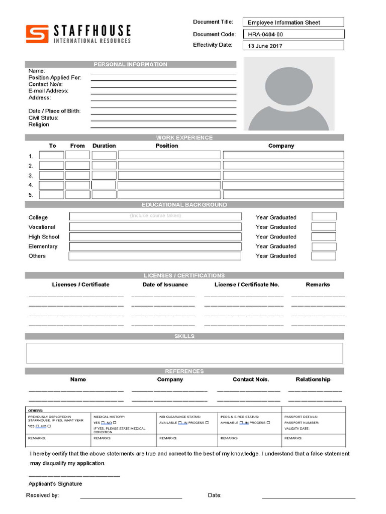 Employee Info Sheet | PDF