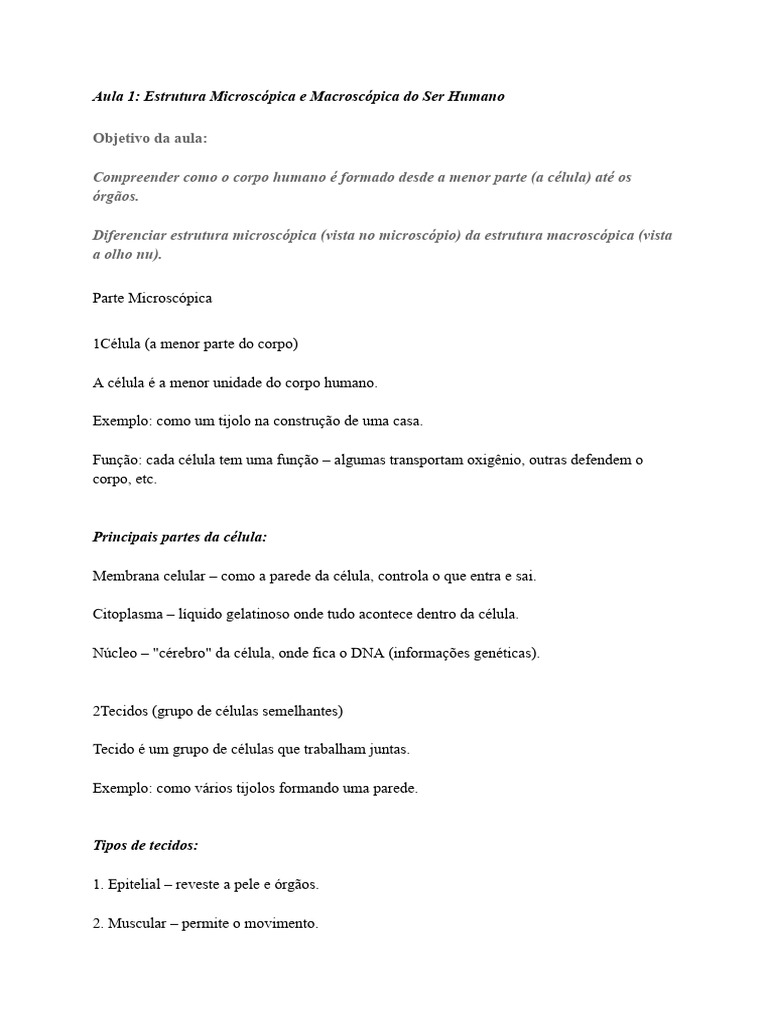 Aula 1 - Estrutura Microscópica e Macroscópica Do Ser Humano For ...