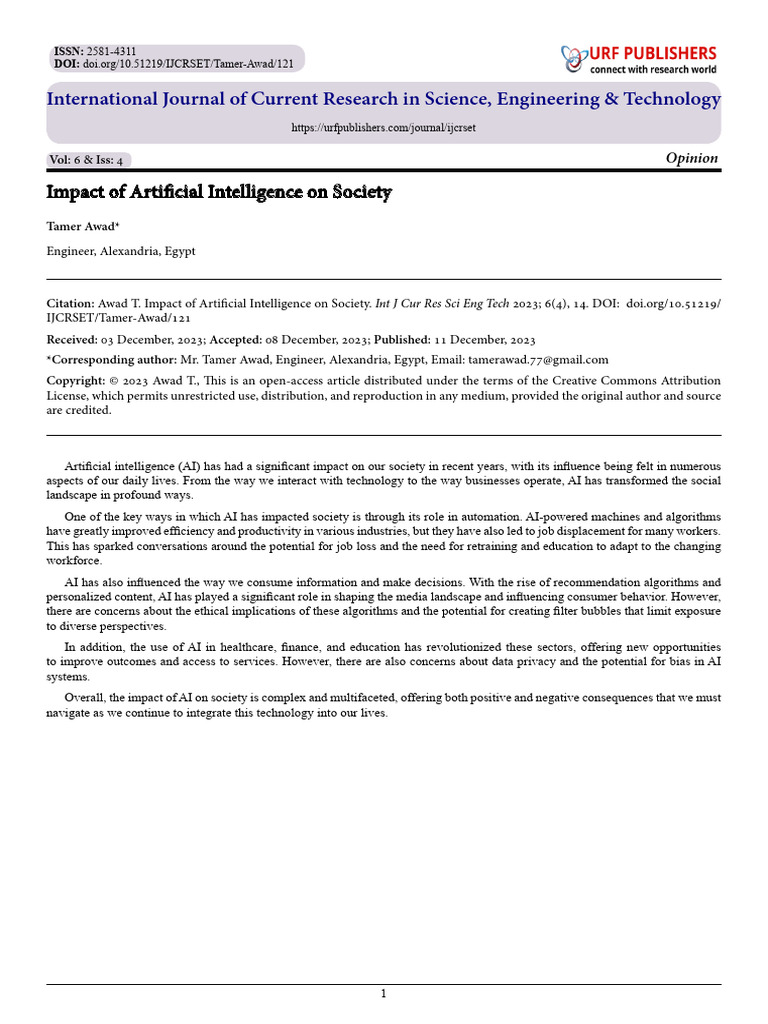 Impact of Artificial Intelligence On Society | PDF | Artificial ...