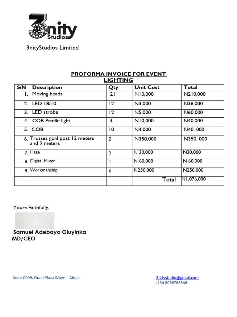 3nitystudios Proforma Invoice For Event Lighting | PDF