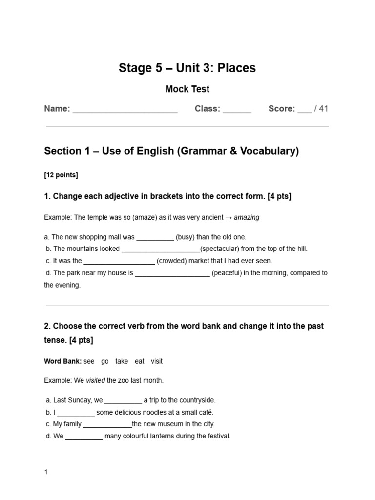 ? Stage 5 - Unit 3 - Places MOCK TEST | PDF | Linguistics
