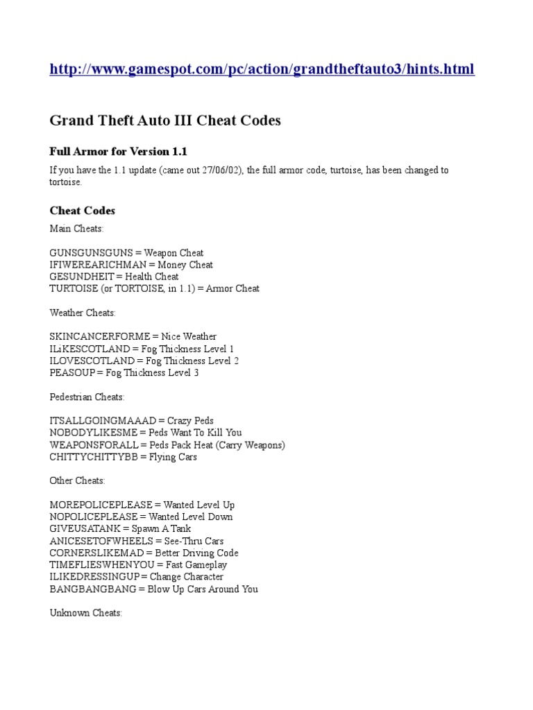 Grand Theft Auto III - Cheat Codes | PDF | Cheating In Video Games ...