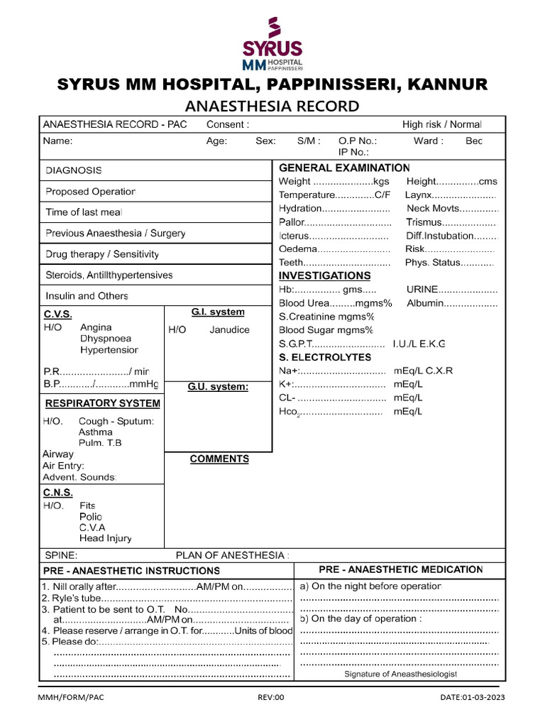 Pre Anesthesia Assessment Form Format | PDF