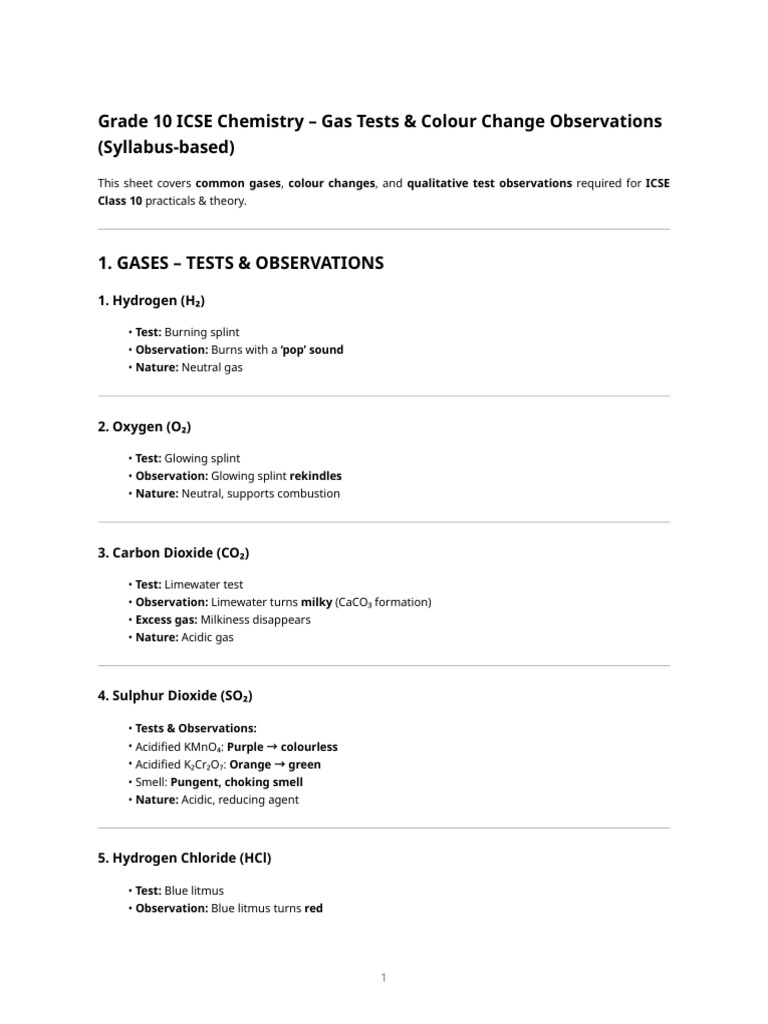 Grade 10 Icse Chemistry - Gas Tests & Colour Change Observations | PDF ...
