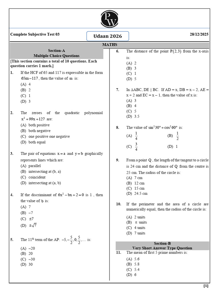 Complete Subjective Test 03 - Maths Test Paper | PDF | Circle | Area