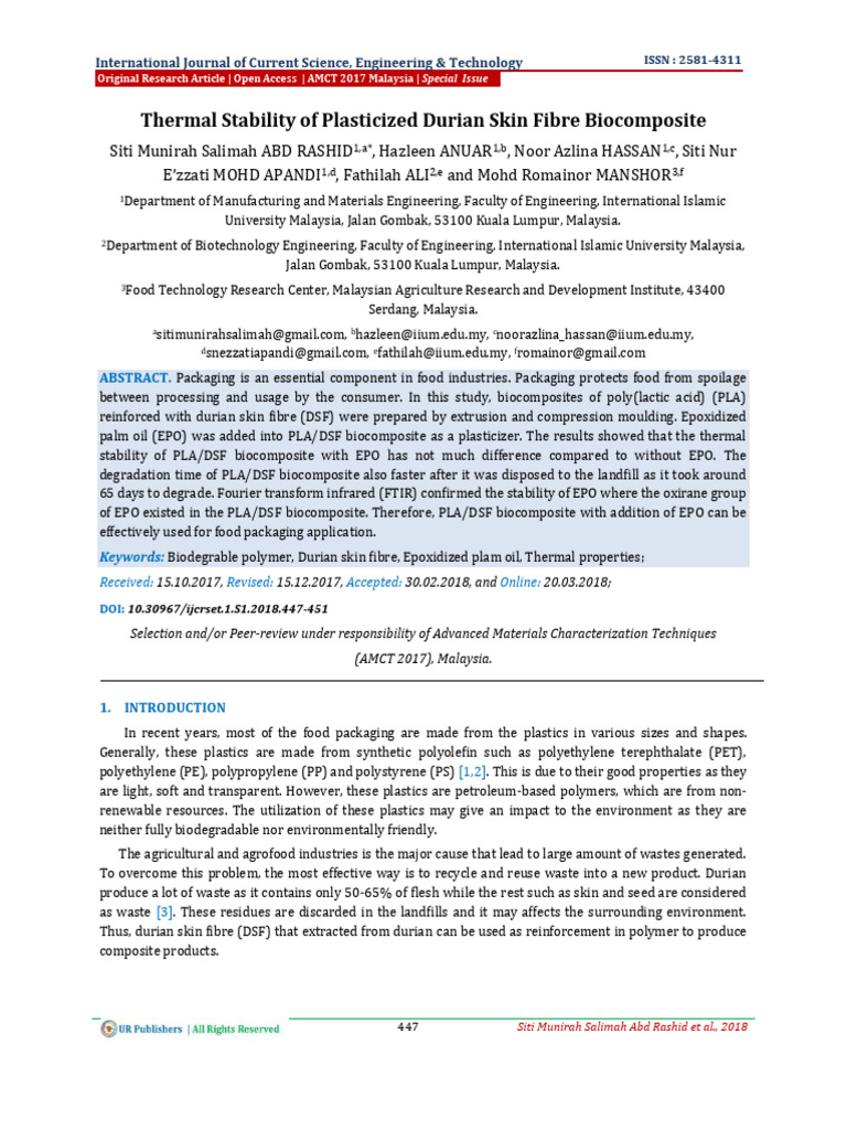 Thermal Stability of Plasticized Durian Skin Fibre Biocomposite | PDF ...