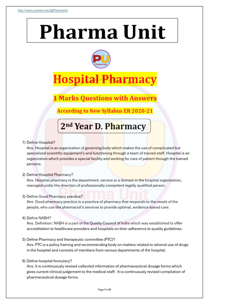 Hospital Pharmay One Mark Q and A | PDF | Pharmacy | Drugs