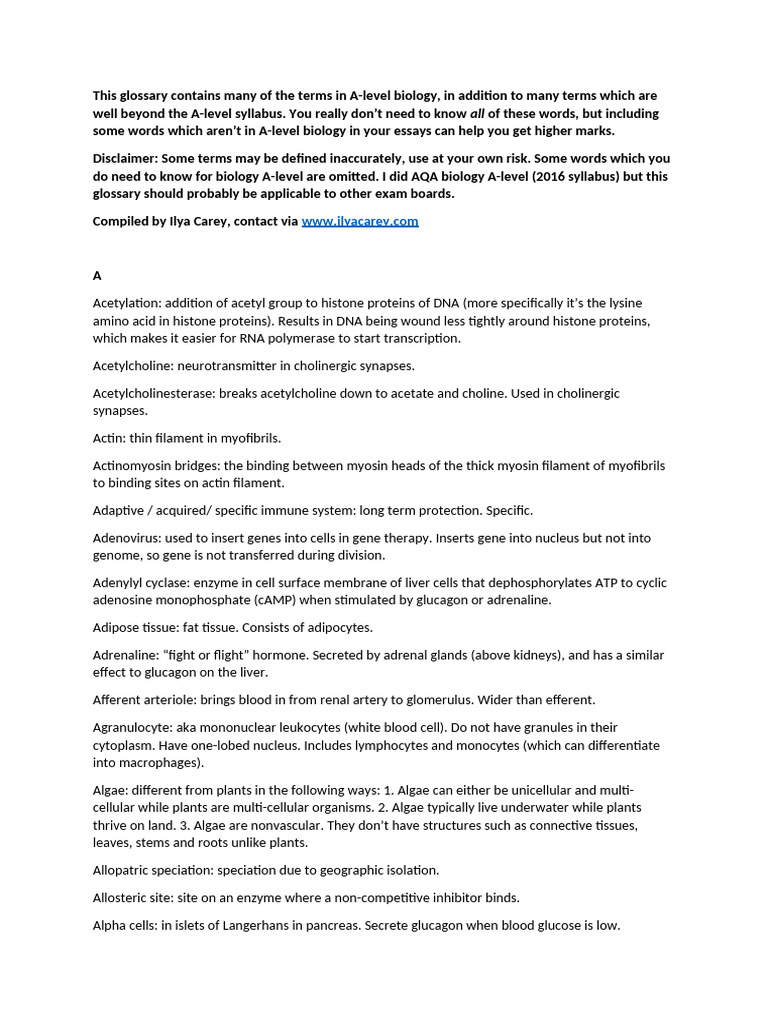 A Level Biology Glossary | PDF | Cell (Biology) | Dna