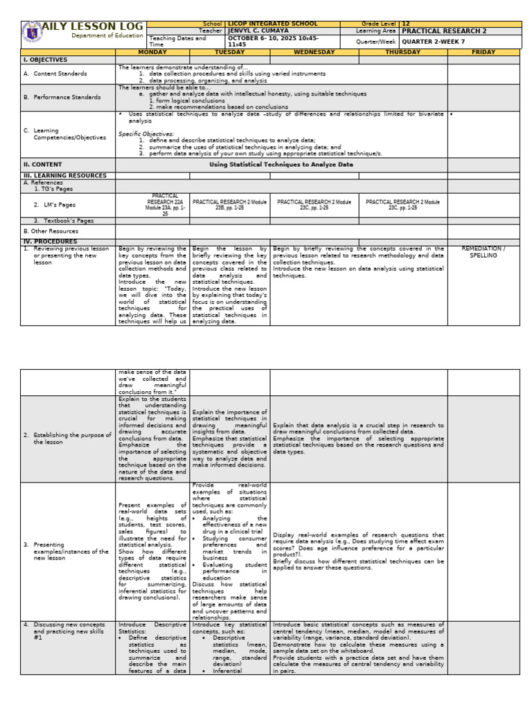 Practical Research 2 Quarter 2 Week 7 | PDF | Statistics | Variance
