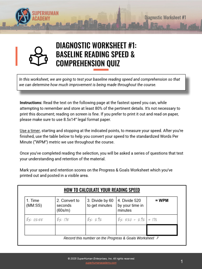Diagnostic Worksheet 1 Establish A Baseline Reading Speed and Retention ...
