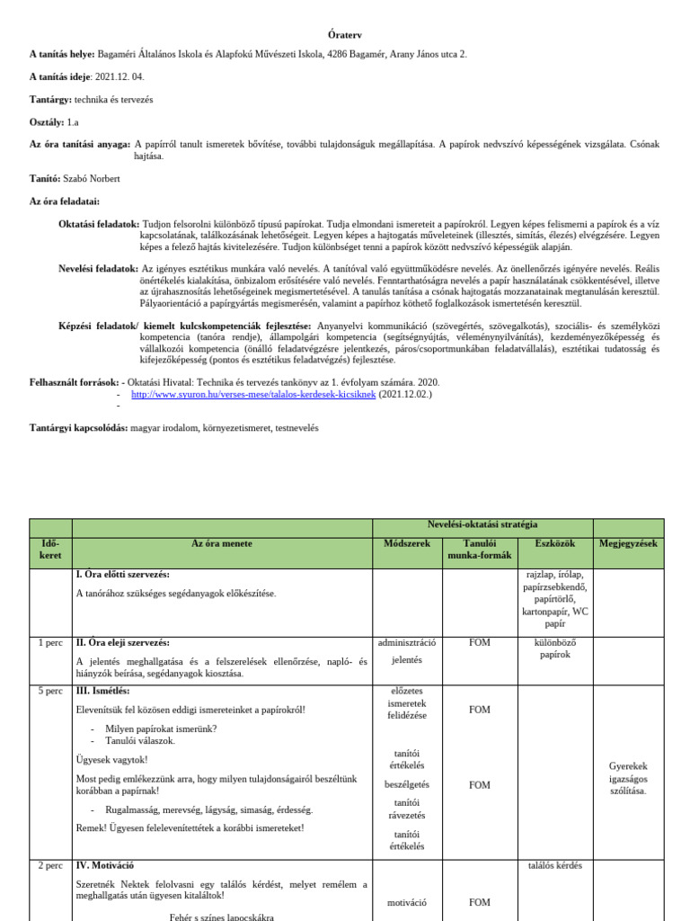 Technika 1. o - Papír És Csónak Óraterv | PDF