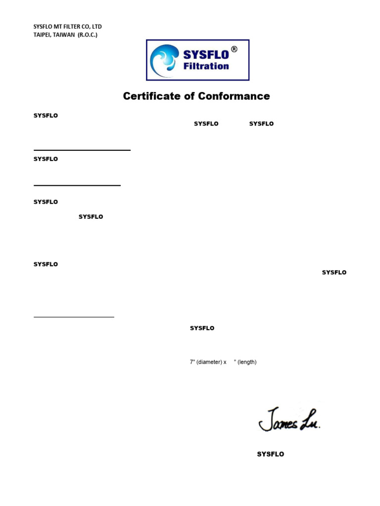 Certificate of Conformance PROFLO Series PEF Felt Bags F Collar 25 ...